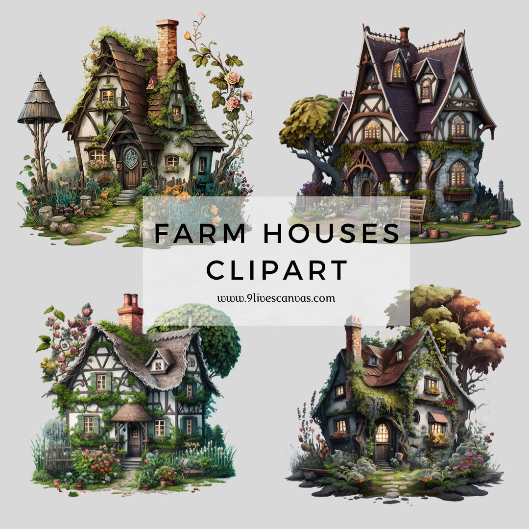 4 Farm Houses Clipart, Fantasy Clipart, Farm House Bundle PNG, Pack of ...