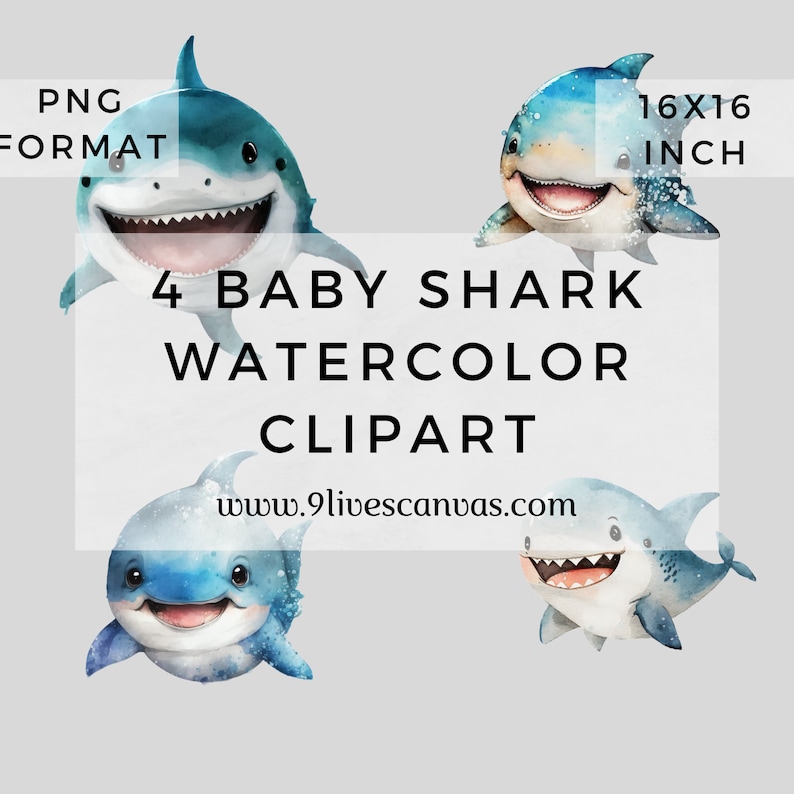 4 Watercolor Baby Shark Clipart, Baby Shark Clipart, Baby Shark Bundle ...