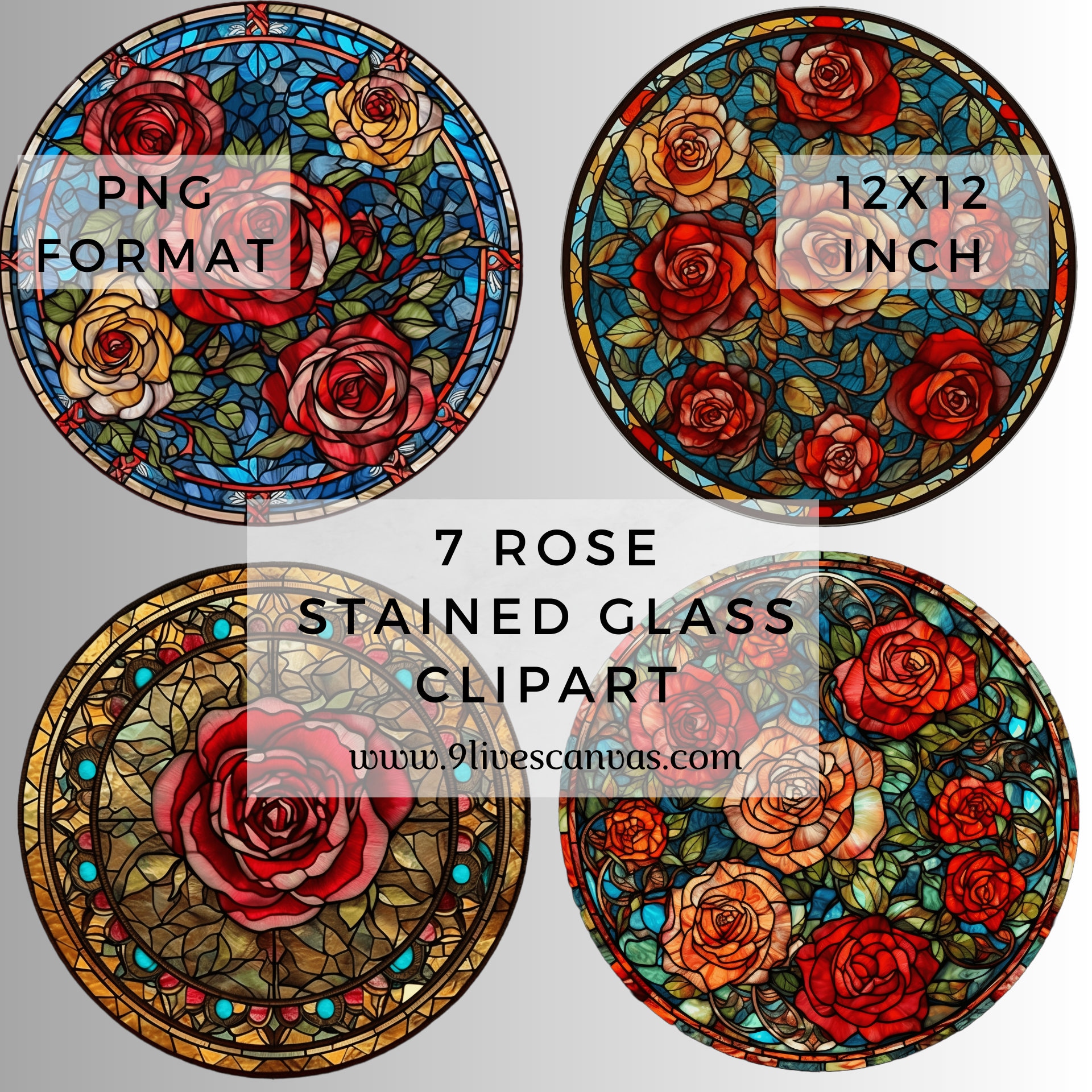 7 Stained Glass Roses Clipart, Roses Bundle PNG, Colorful Roses ...