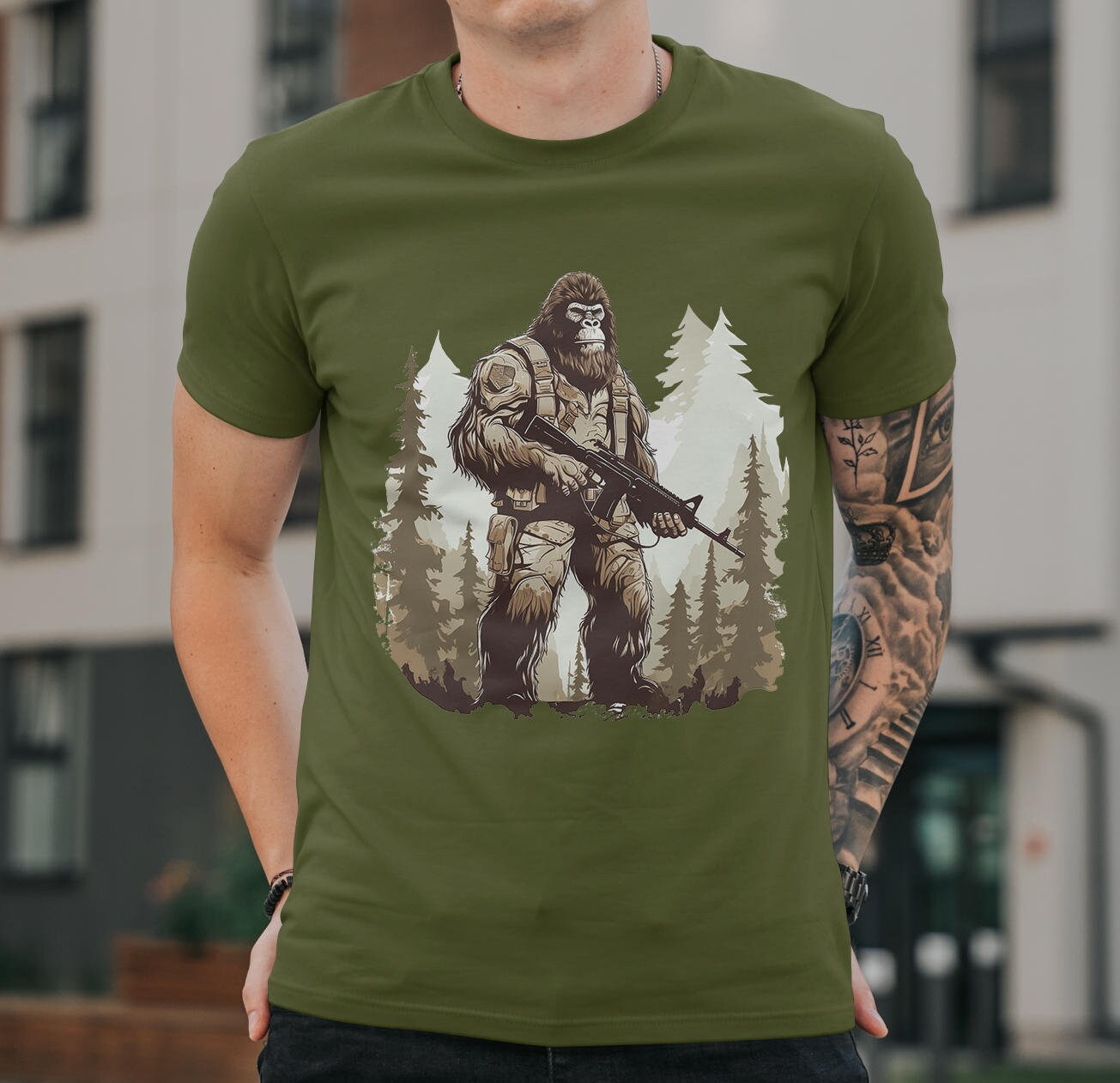 Bigfoot PNG Sublimation Design - Bigfoot Army With Riffle Gun Art Shirt ...