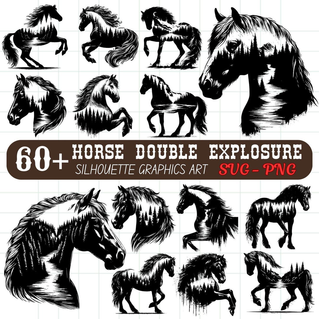 Horse Double Exposure SVG Bundle: Wildlife Silhouette Cut Files ...