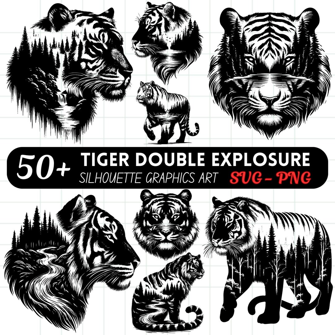 52 Tiger Double Exposure SVG Bundle | Wildlife Silhouette Clipart | Big ...