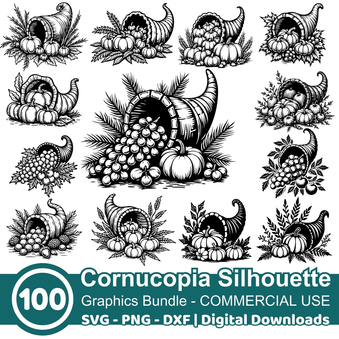Cornucopia Silhouette Graphics Svg Png & Dxf Bundle for Thanksgiving ...