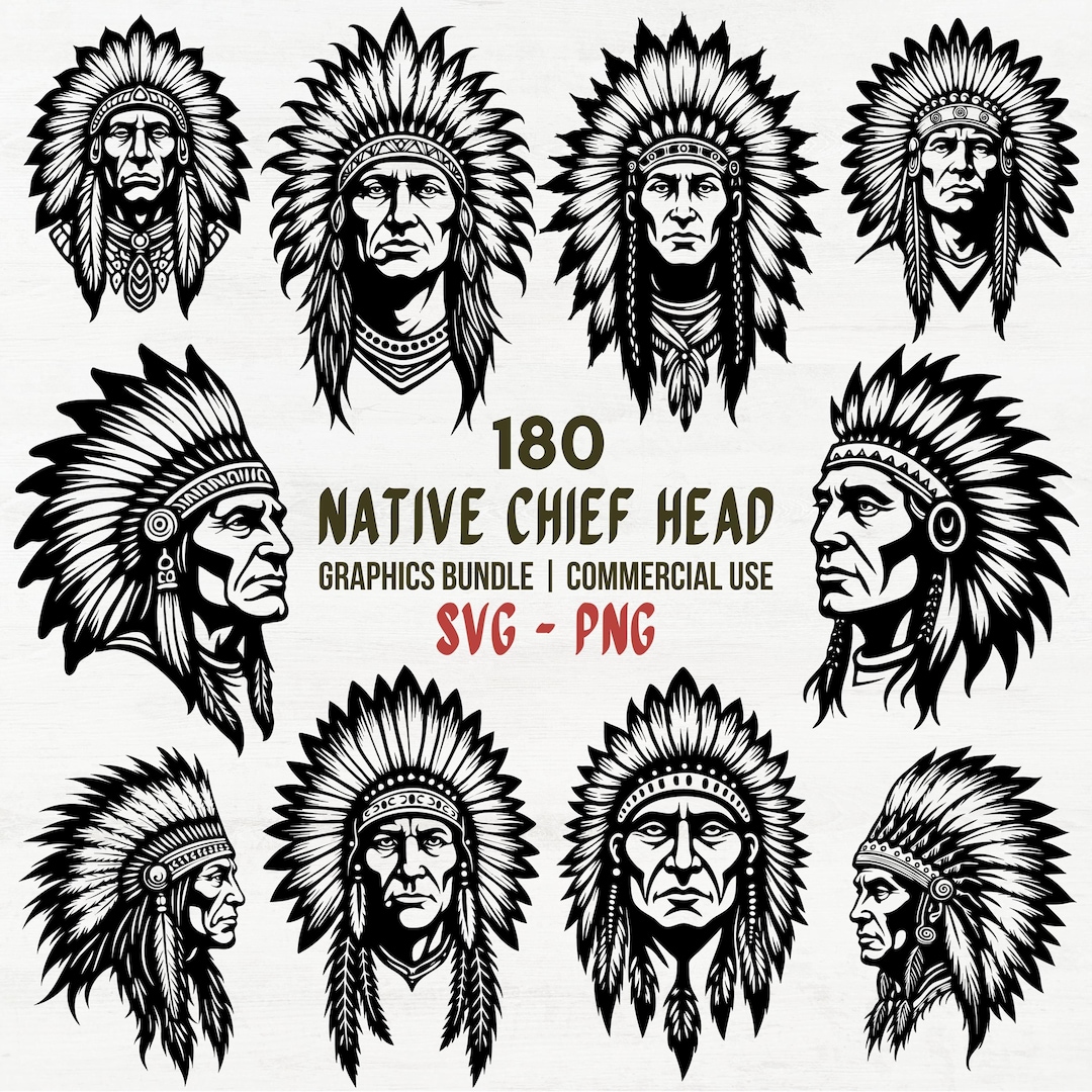 Native Chief Heads SVG & PNG Bundle, Tribal Chief Clipart for Cricut ...