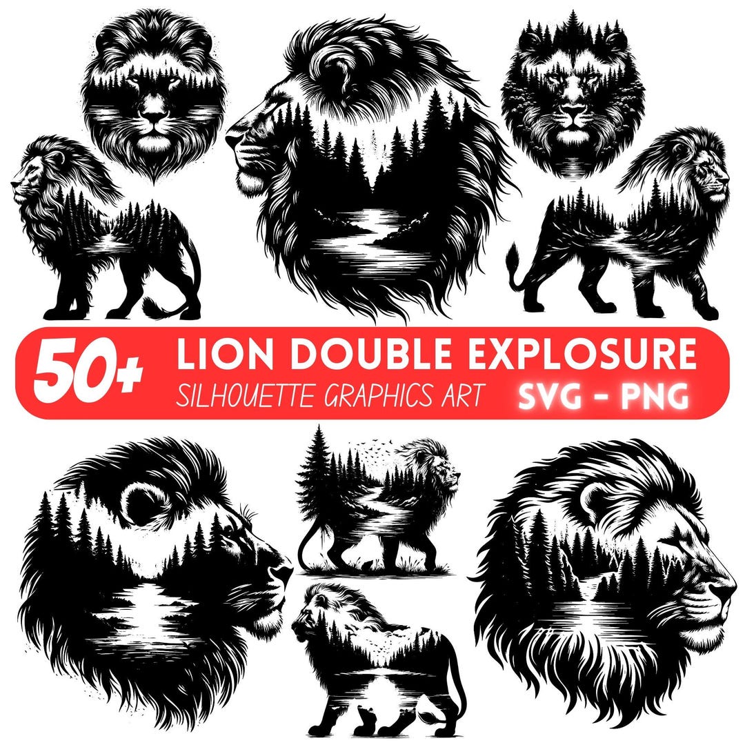 50 Lion Double Exposure SVG Bundle | Wildlife Silhouette Clipart ...