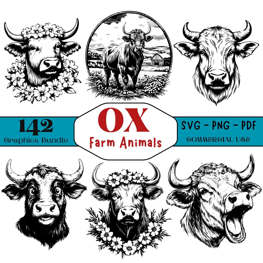 Ox SVG Bundle: Farm Animal Cut Files for Cricut, Silhouette (commercial ...