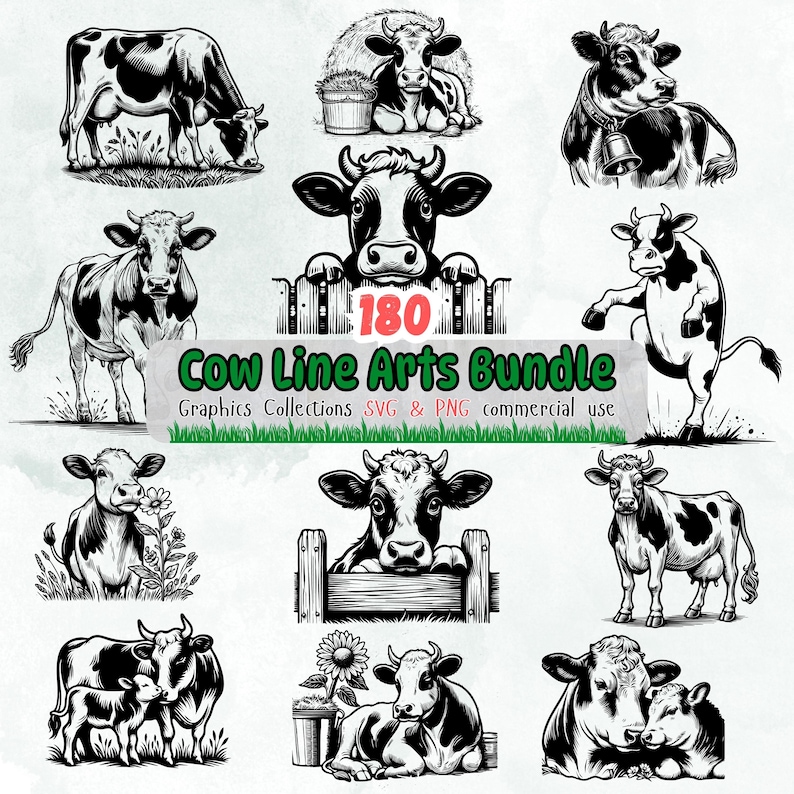 Cow Line Art SVG Bundle: Farm Animal Designs for Cricut (commercial Use ...