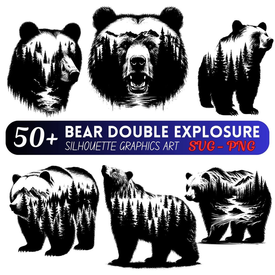 55 Bear Double Exposure SVG Bundle | Wildlife Silhouette Clipart ...