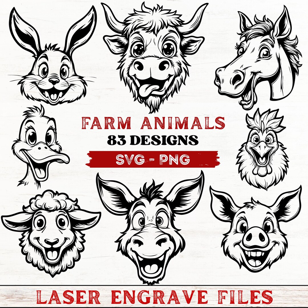 Popular Funny Farm Animal Heads Svg & Png Bundle Laser Engrave Files ...