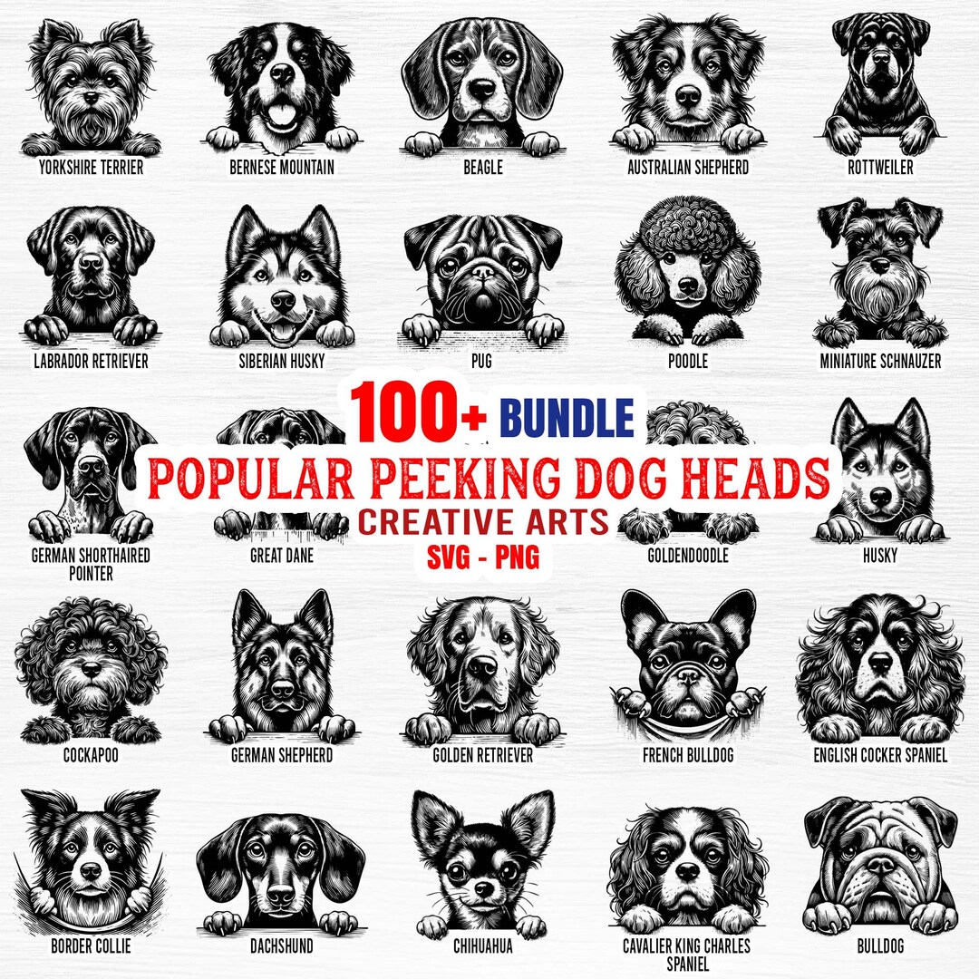 Peeking Dog Heads Bundle SVG | 100+ Breeds Clipart (digital Download ...