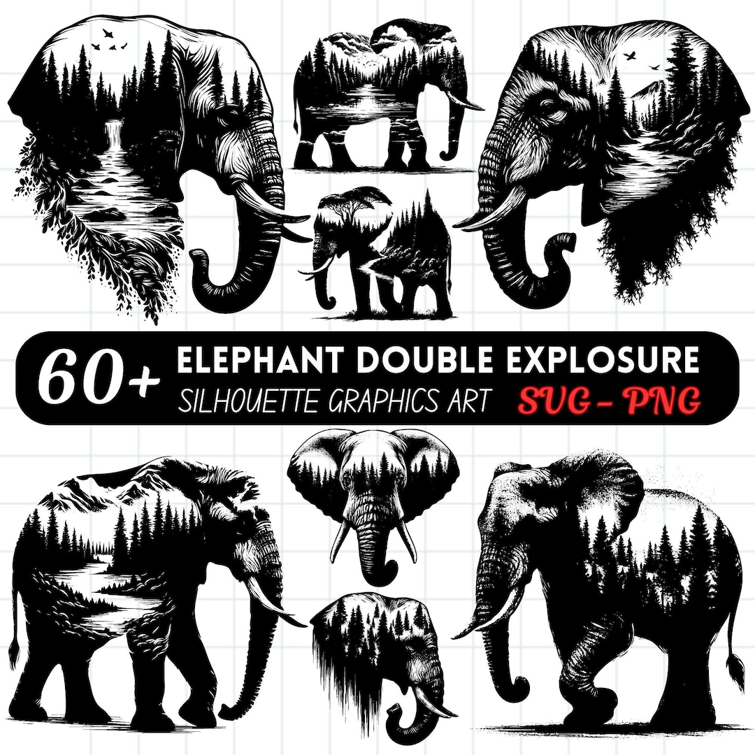 65 Elephant Double Exposure SVG Bundle | Wildlife Silhouette Clipart ...