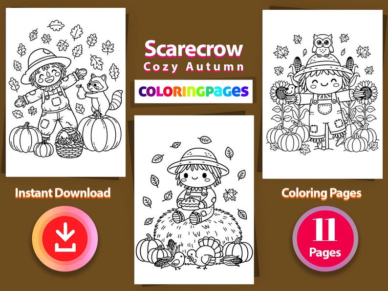 11 Pages Scarecrows Cozy Autumn Coloring Pages (A4 Digital Download) - Etsy