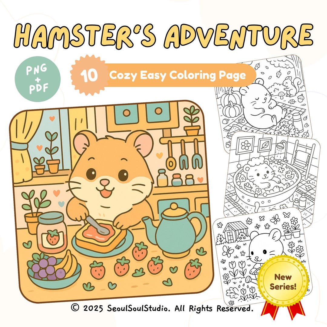 Hamster's Adventure Coloring Book – 10 Cozy Hamster Pages for Kids ...