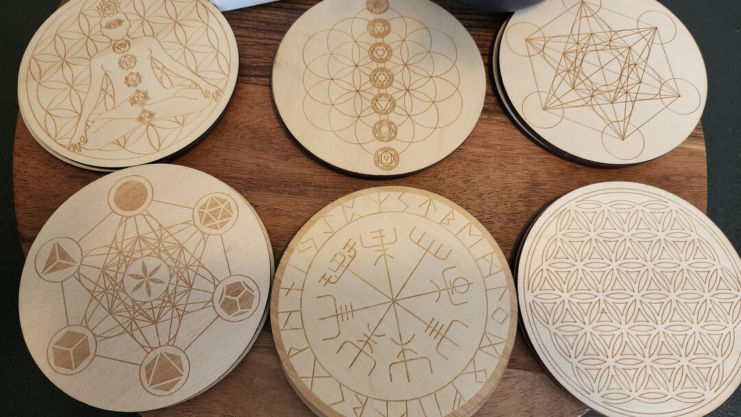 Wooden Coasters, Set of Two, Chakra, Metatron, Aztec, Flower of Life ...