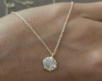 Sea Shell Diamond Necklace 14k Gold Hanging With a Loop. - Etsy