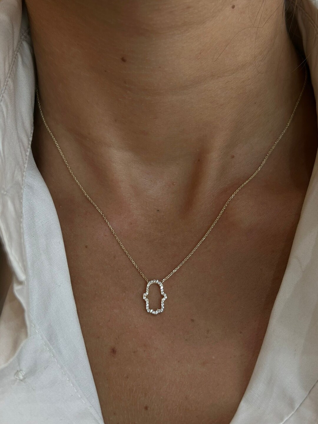 Diamond Hamsa Hand Necklace 14k Gold, Hand of God Necklace With Natural ...