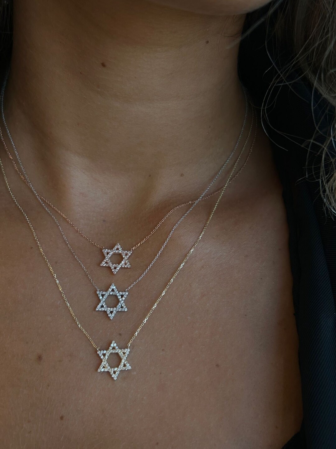 14k Gold Star of David Necklace, Diamond Necklace, Gold Necklace, Bat ...