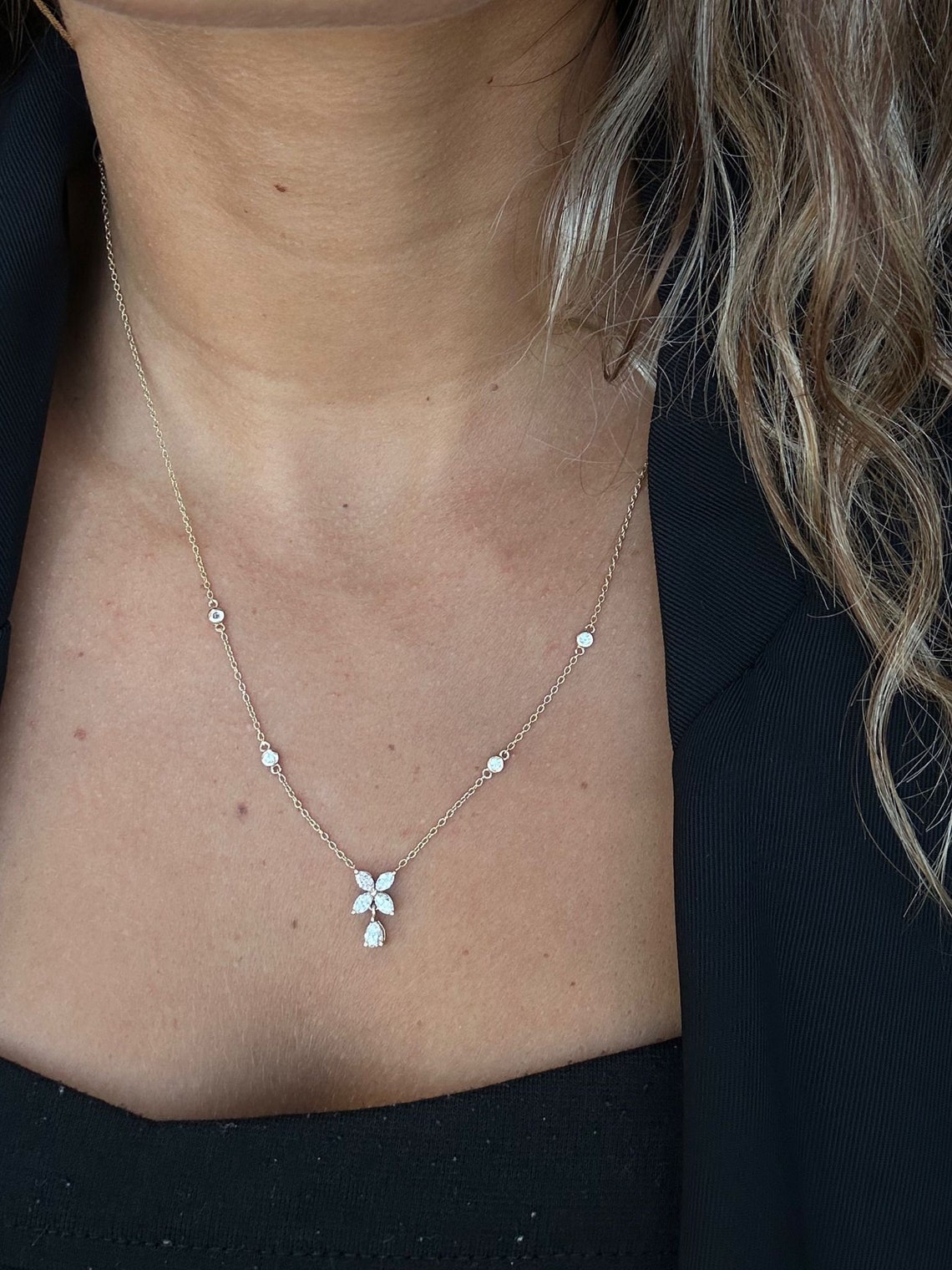 Marquise Diamond Necklace, Minimalist Necklace, Dainty Flower Shape ...