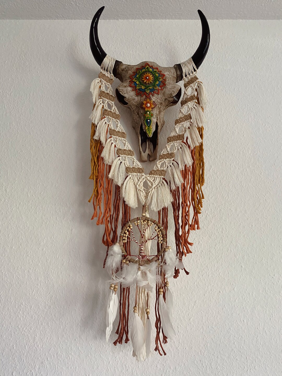 Bull Skull Macrame Wall Hanging Boho Skull Indian Style Artificial ...