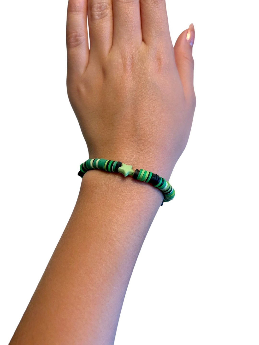 Beaded Bracelet Elastic String Green and Black Clay Bead Star Bead - Etsy