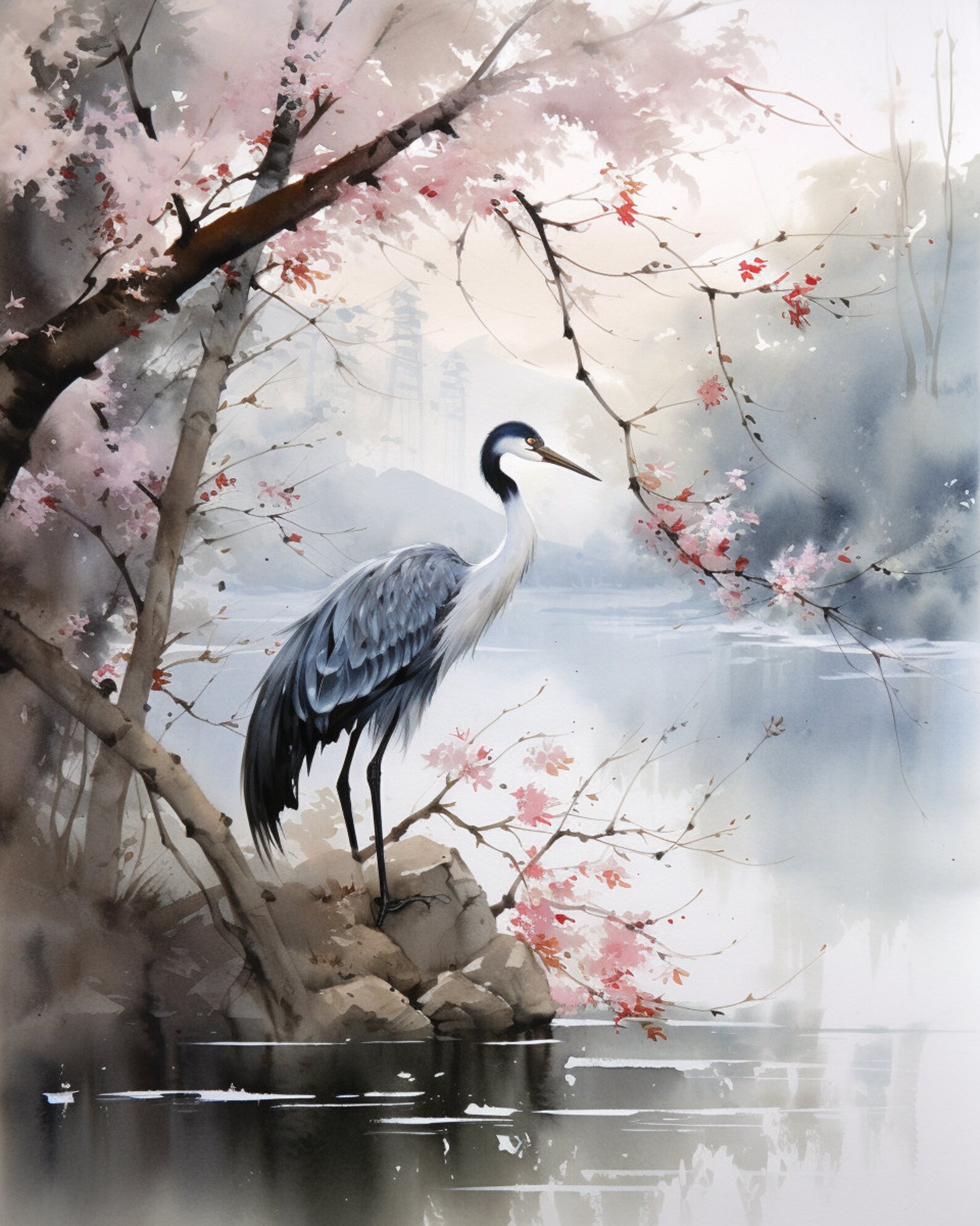Crane on the Water at Sunset Watercolor Digital Art #2 of 4, Instant ...