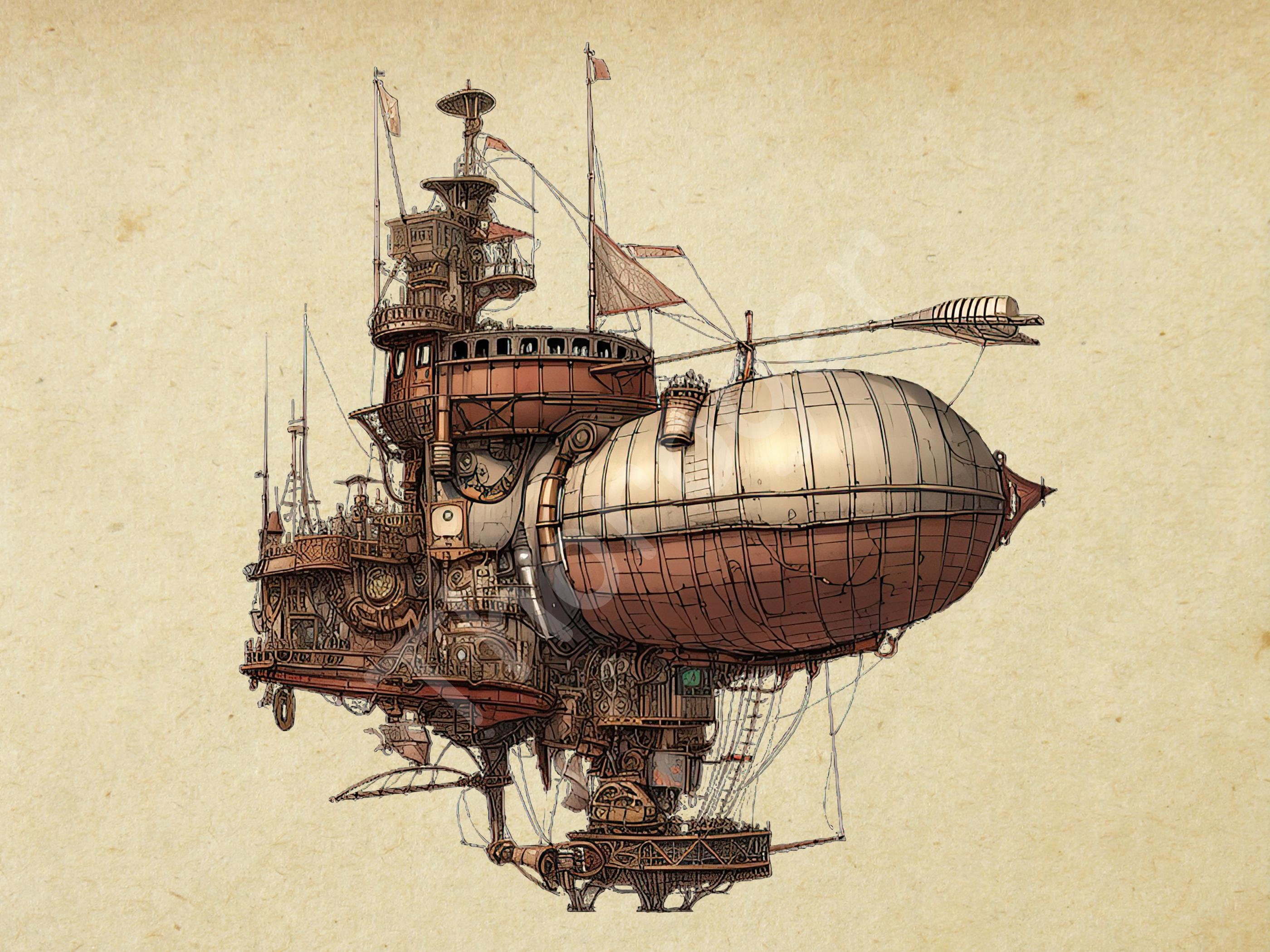 Steampunk Airship Clipart Pack - Fantasy Style Airship Illustrations for Digital Scrapbooking ...