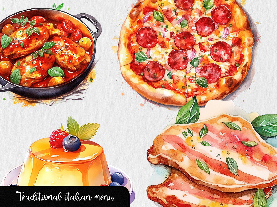 68 Watercolor Italian Dishes Clipart Pack, Traditional Italian Cuisine ...