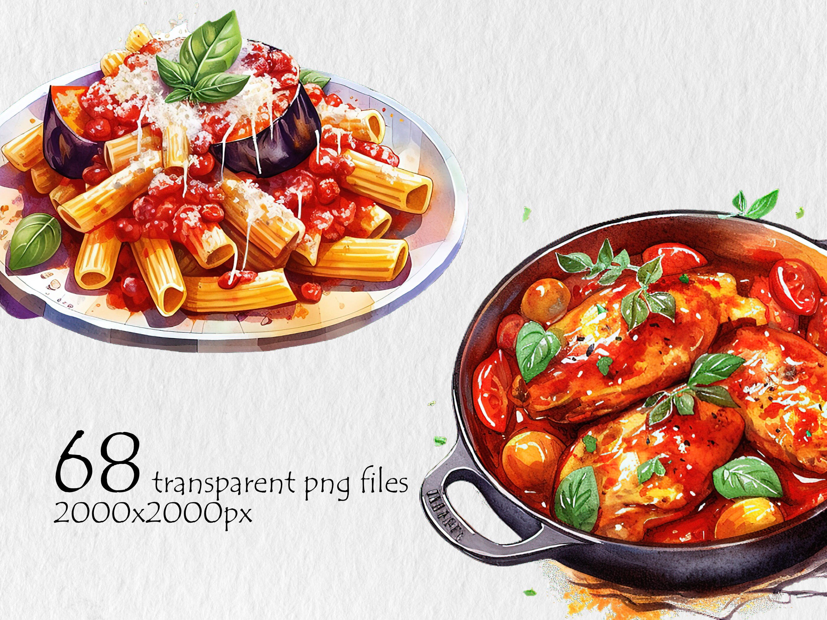 68 Watercolor Italian Dishes Clipart Pack, Traditional Italian Cuisine ...