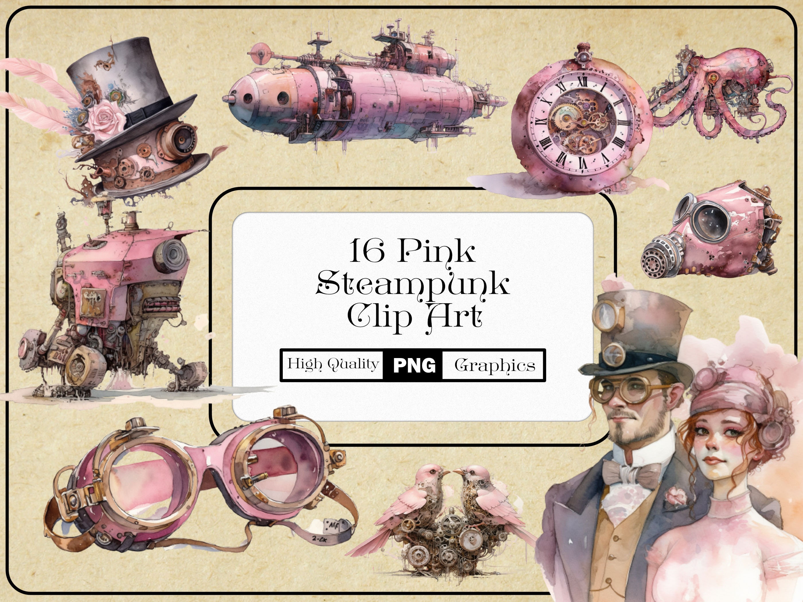 Pink Steampunk Clipart Bundle - Steampunk Fantasy Clip Art, Pink Pastel ...