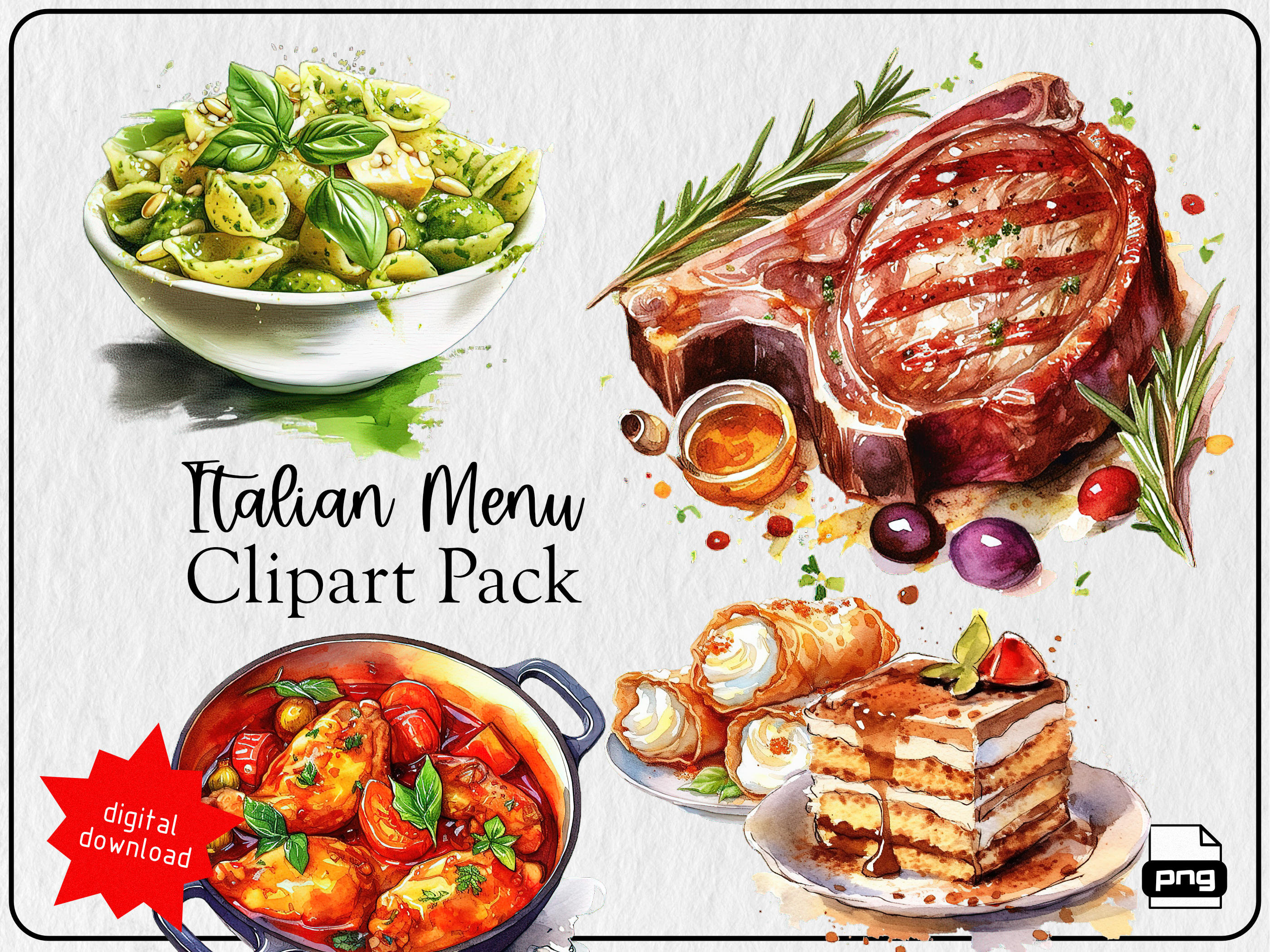 68 Watercolor Italian Dishes Clipart Pack, Traditional Italian Cuisine ...