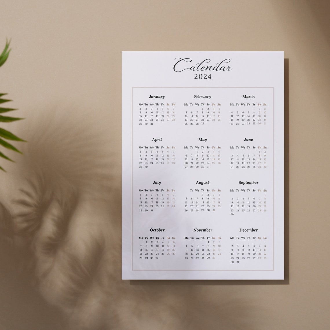 2024 Year Calendar PRINTABLE, Yearly Calendar 2024, 2024 Minimal, A4 ...