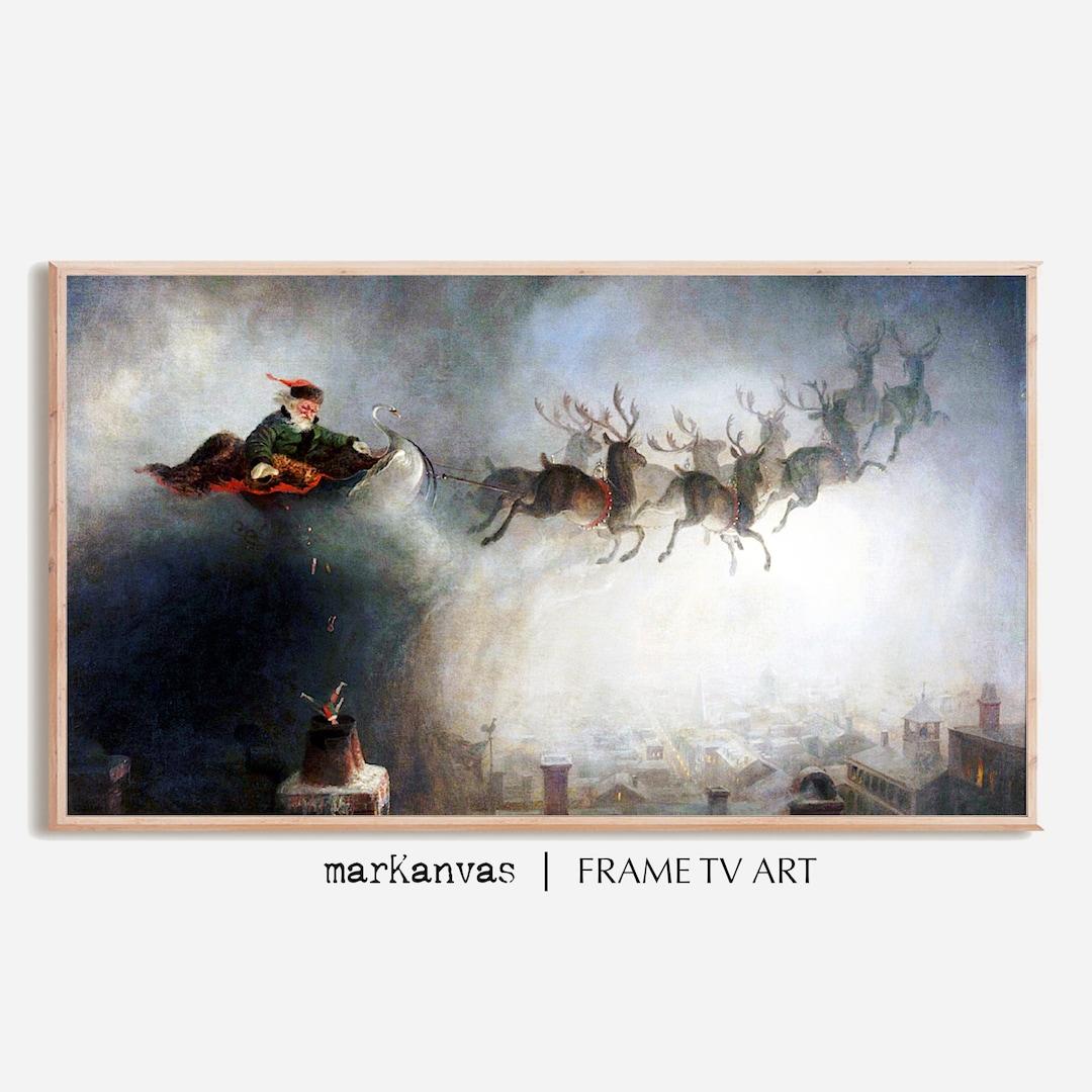 Vintage Santa Sleigh Ride With Reindeer Frame TV Art, Farmhouse Artful ...