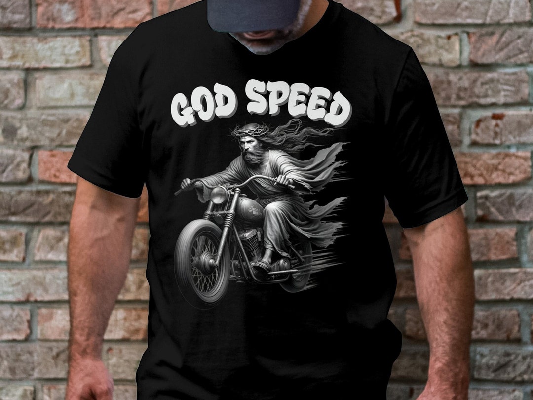 God Speed Jesus on Motorcycle Vintage Look Graphic T-shirt, Cool ...