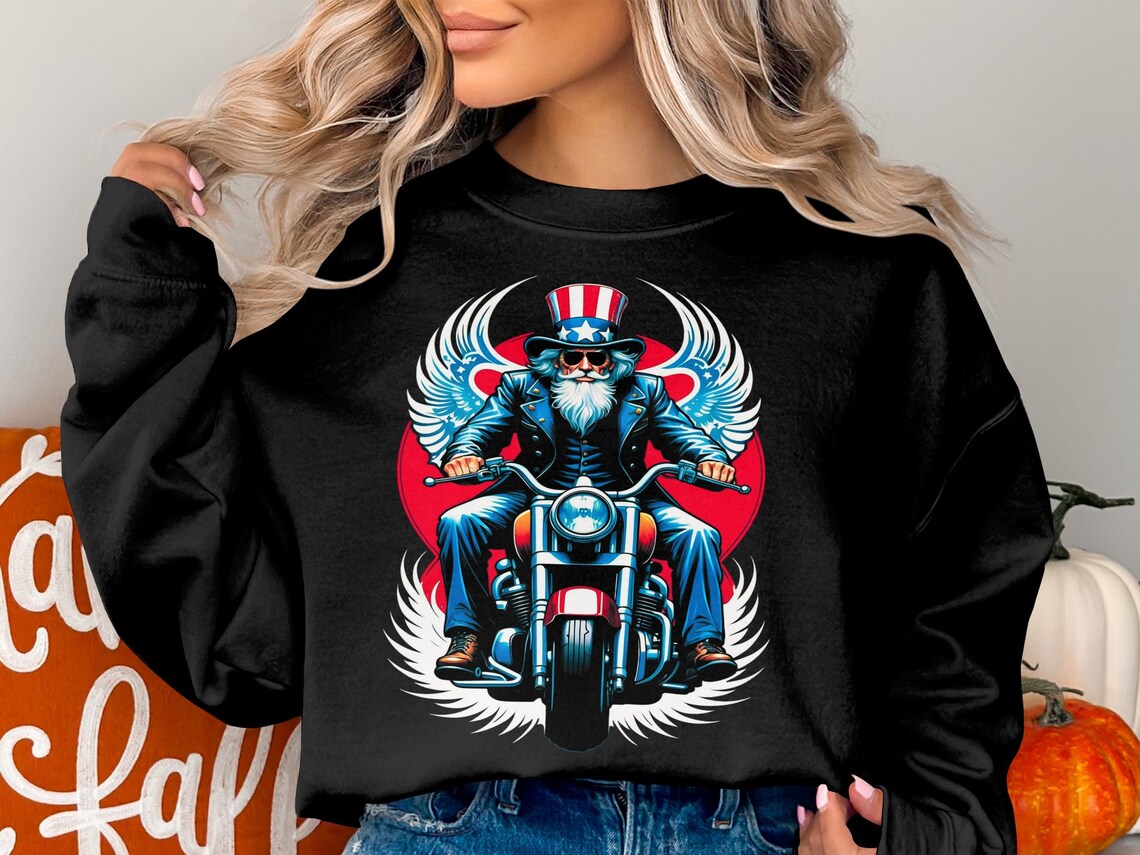Patriotic Uncle Sam Riding Motorcycle Graphic Tee, American Flag Colors ...