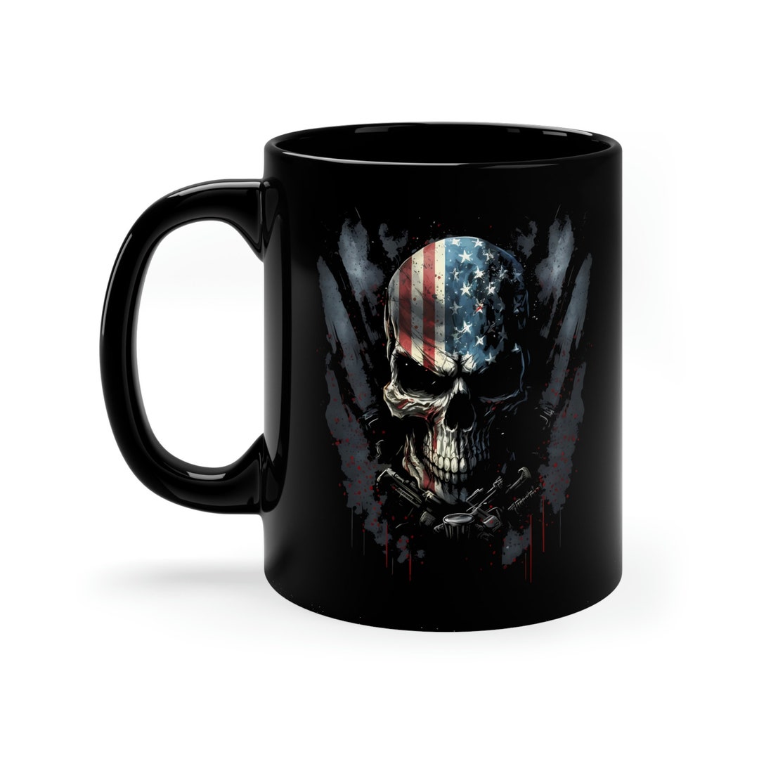America Skull, Patriotic Mug, Patriot Gift, Black 110z Mug, 4th of July ...