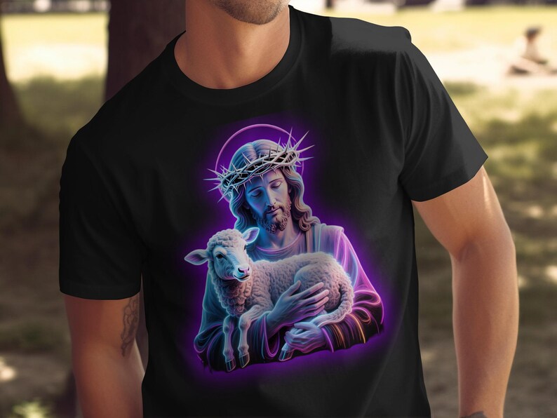 Neon Jesus Holding Lamb T-shirt, the Good Shepherd Religious Gift ...