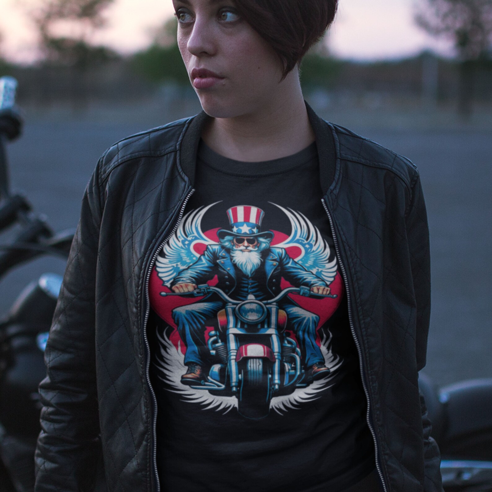 Patriotic Uncle Sam Riding Motorcycle Graphic Tee, American Flag Colors ...