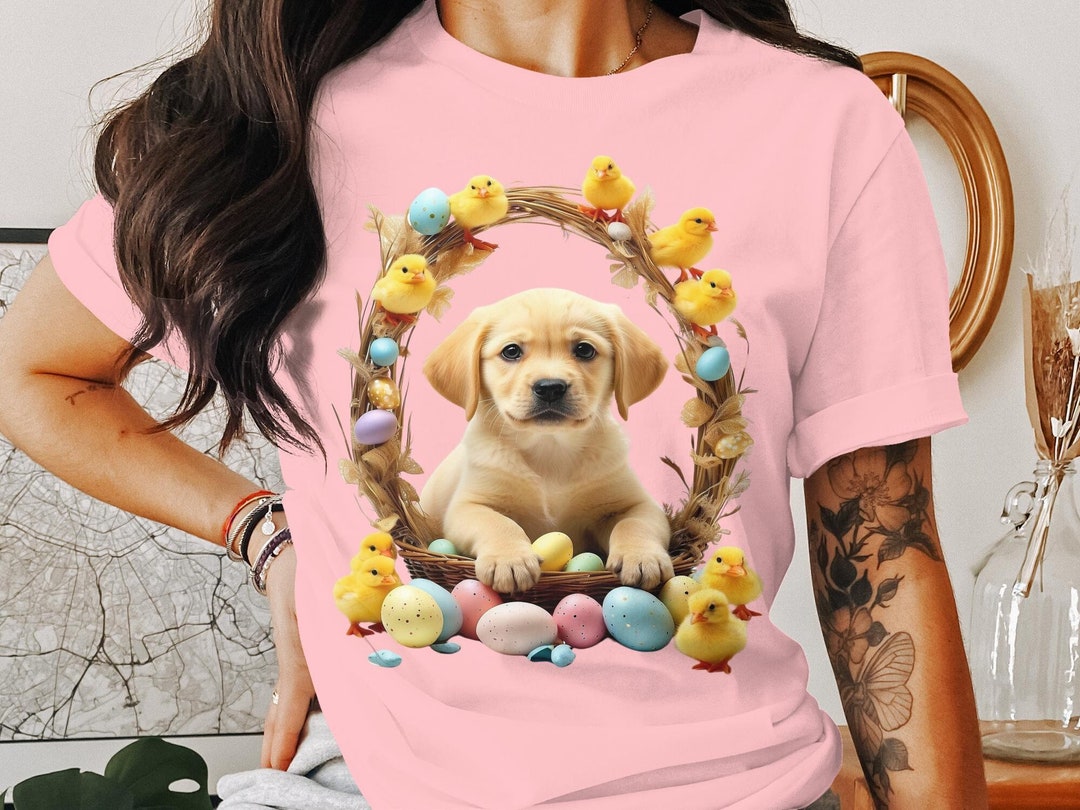 Cute Golden Labrador Puppy and Chicks Easter T-shirt, Spring Lab Puppy ...