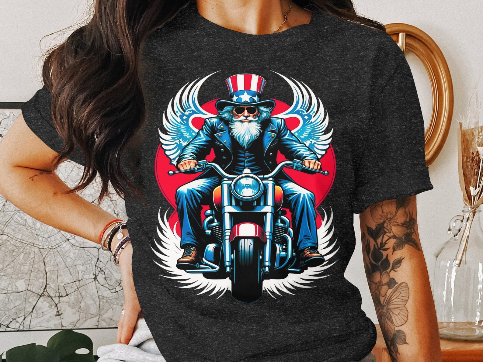 Patriotic Uncle Sam Riding Motorcycle Graphic Tee, American Flag Colors ...