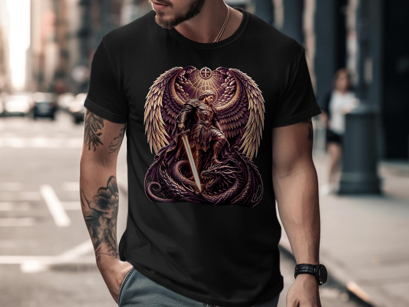 Archangel Michael Dragon Slayer T-shirt, Warrior Angel Fantasy Art Tee ...