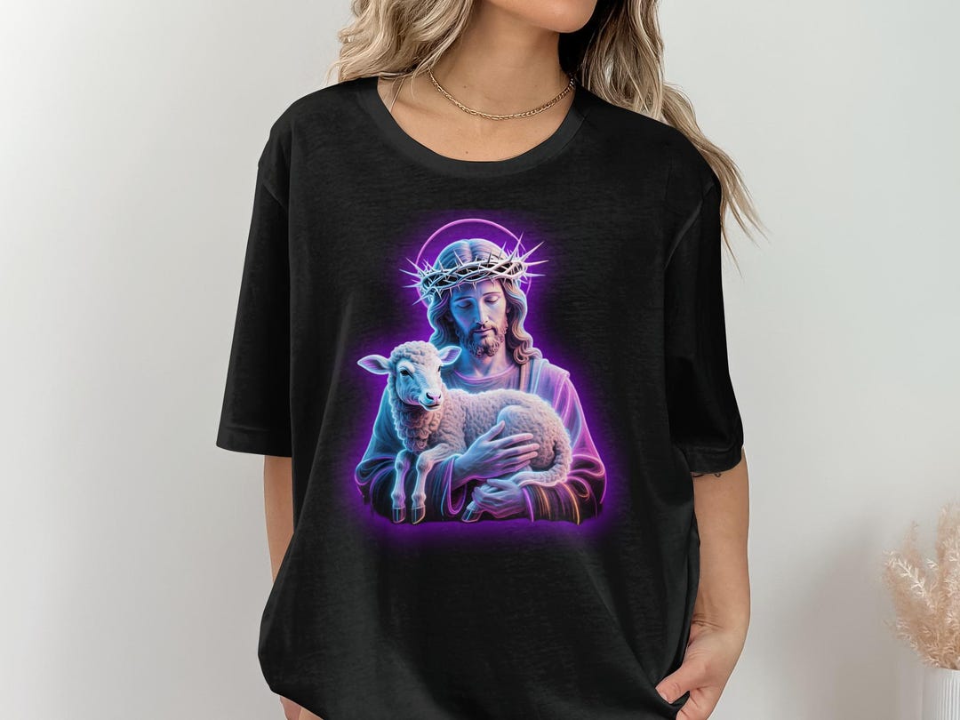 Neon Jesus Holding Lamb T-shirt, the Good Shepherd Religious Gift ...
