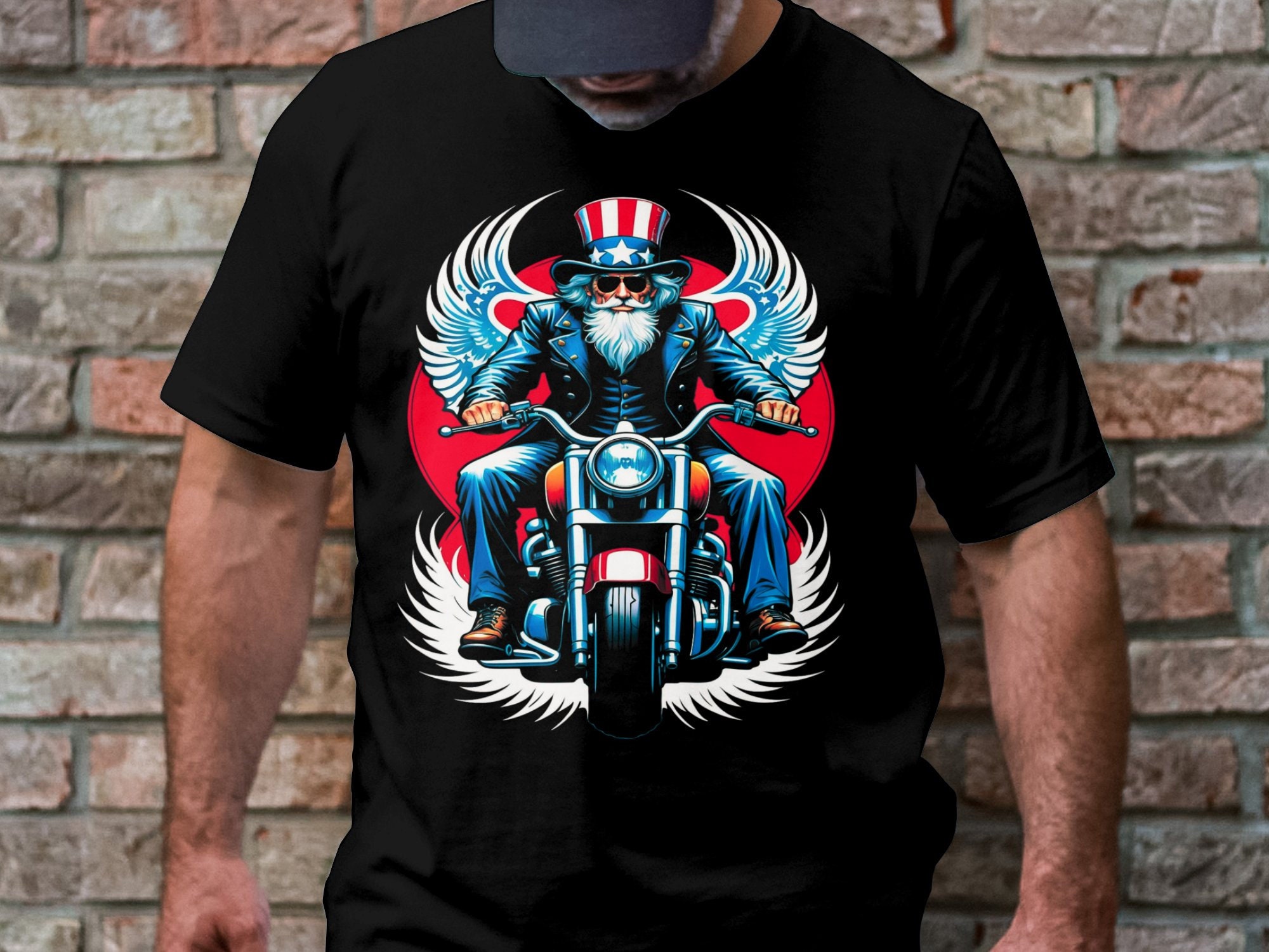 Patriotic Uncle Sam Riding Motorcycle Graphic Tee, American Flag Colors ...
