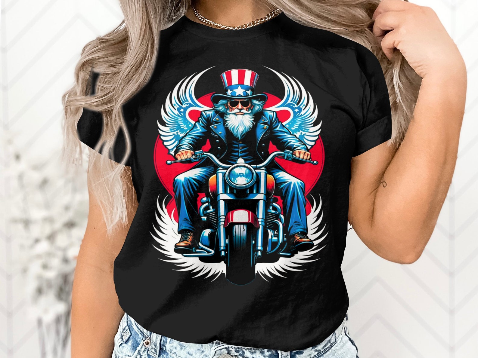 Patriotic Uncle Sam Riding Motorcycle Graphic Tee, American Flag Colors ...