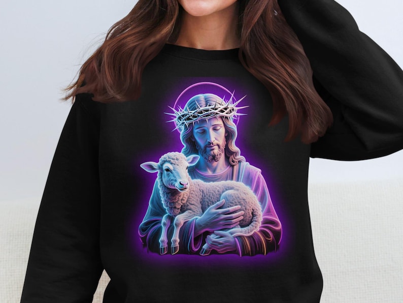 Neon Jesus Holding Lamb T-shirt, the Good Shepherd Religious Gift ...