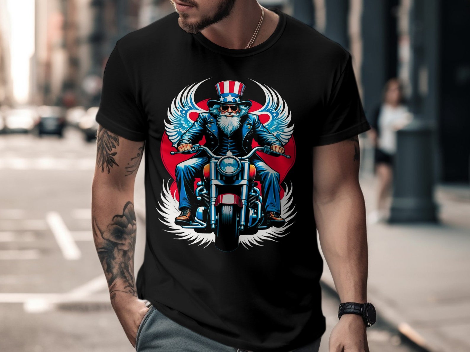 Patriotic Uncle Sam Riding Motorcycle Graphic Tee, American Flag Colors ...
