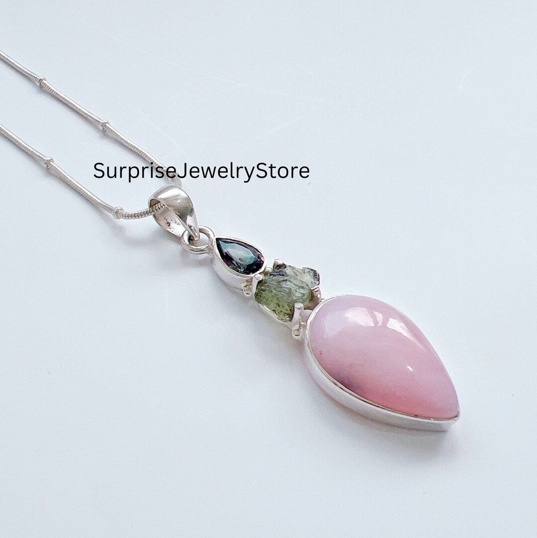 Moldavite Rough , Pink Opal, Mystic Topaz Pendant Natural Gemstone 925 ...