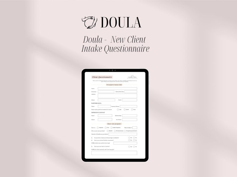 Doula New Client Intake Questionnaire | PDF File Client Questionnaire Ready to Print | Printable ...