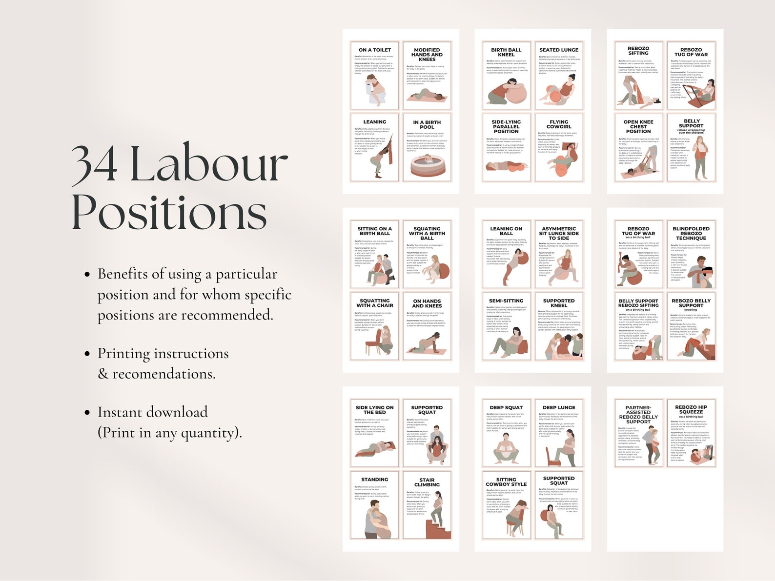 Printable Labor Positions Flashcards, Childbirth Education Tool, Natural Birth Cards, Rebozo ...