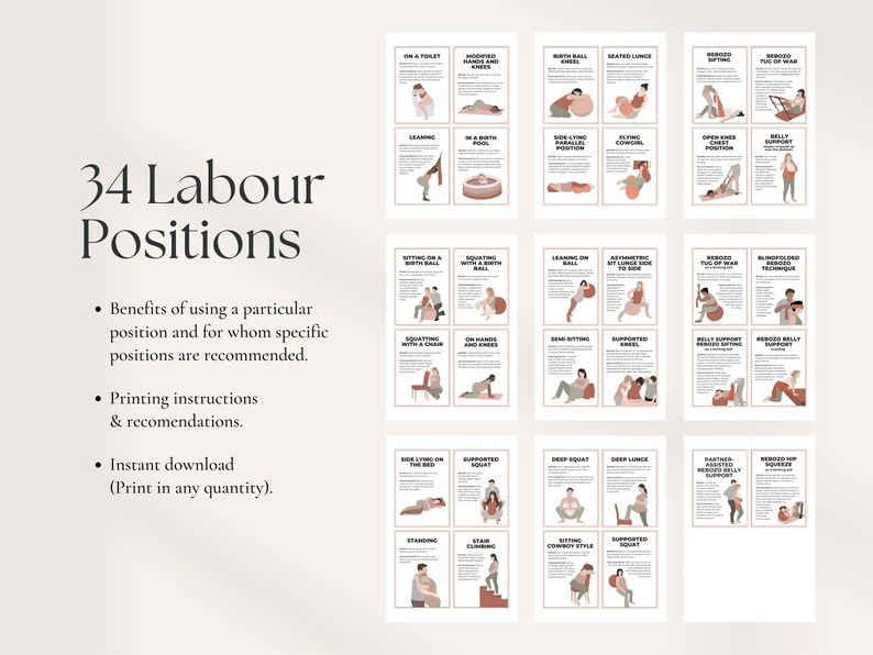 Printable Labor Positions Flashcards, Childbirth Education Tool, Natural Birth Cards, Rebozo ...