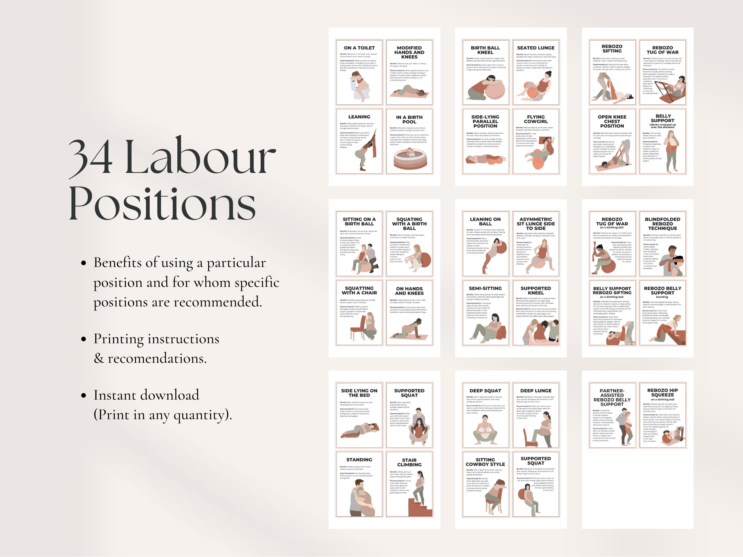 Printable Labor Positions Flashcards, Childbirth Education Tool, Natural Birth Cards, Rebozo ...